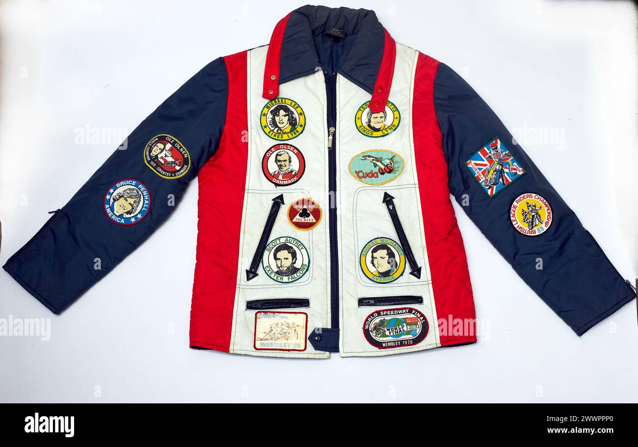 Classic British 70's vintage jacket with Speedway patches Stock Photo ...