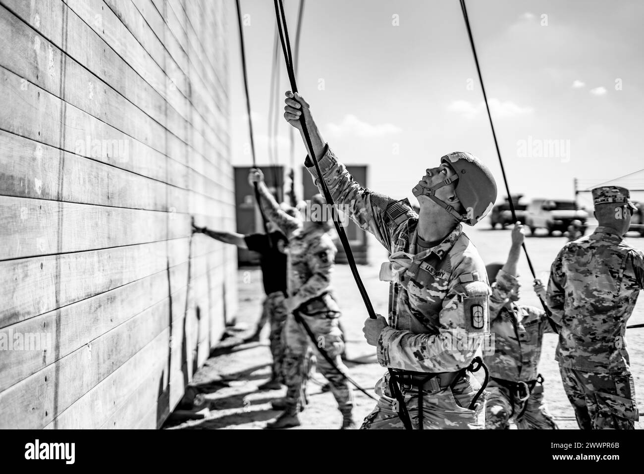 Air Assault candidates rappel off the rappel towers on Camp Buehring ...