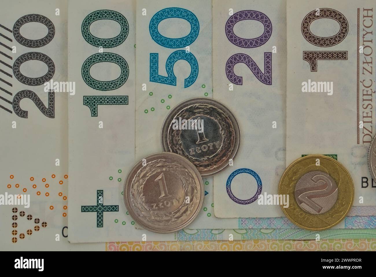 polish zloty bank notes and coins sorted from 200 to 10 closeup ...