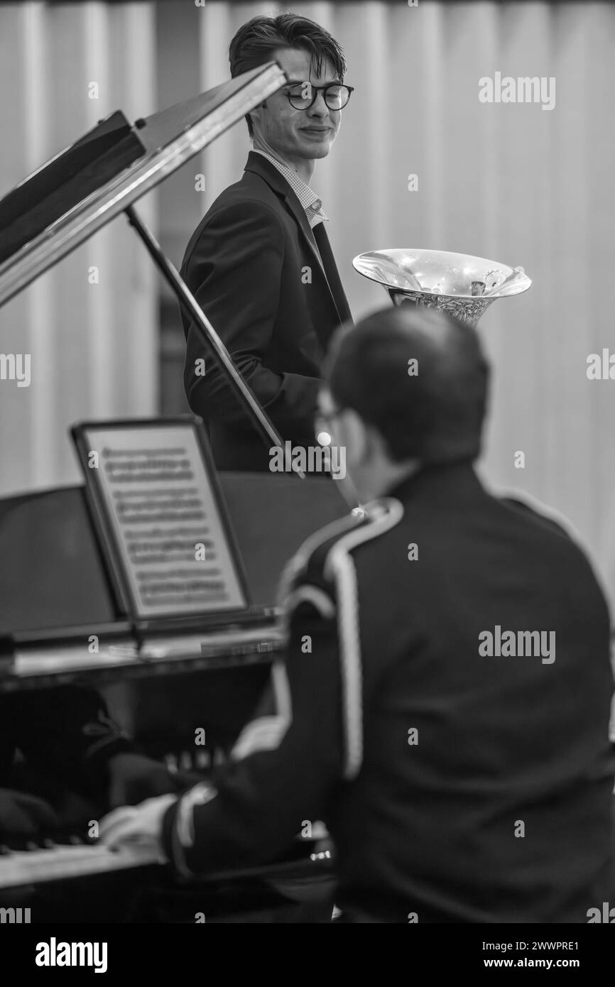 Hunter Bellows plays the euphonium accompanied by Army Staff Sgt. Nick ...