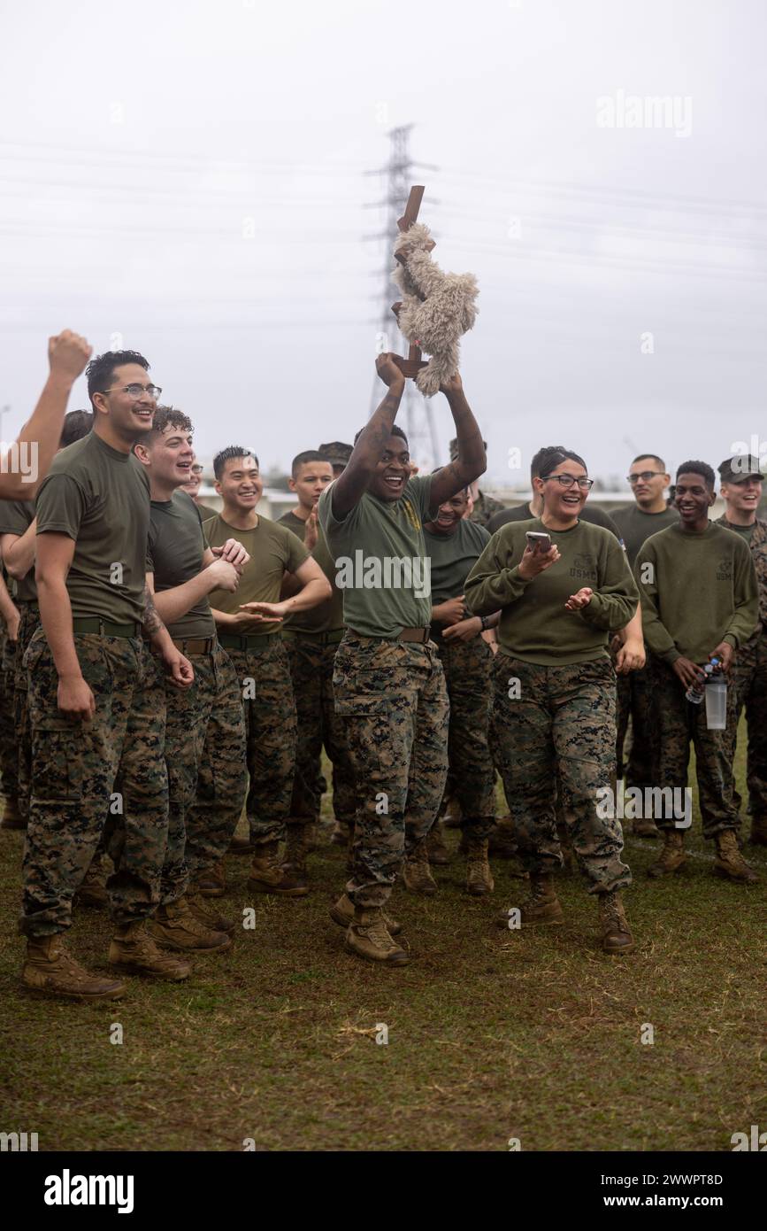 U.S. Marines with Marine Wing Headquarters Squadron (MWHS) 1 cheer ...