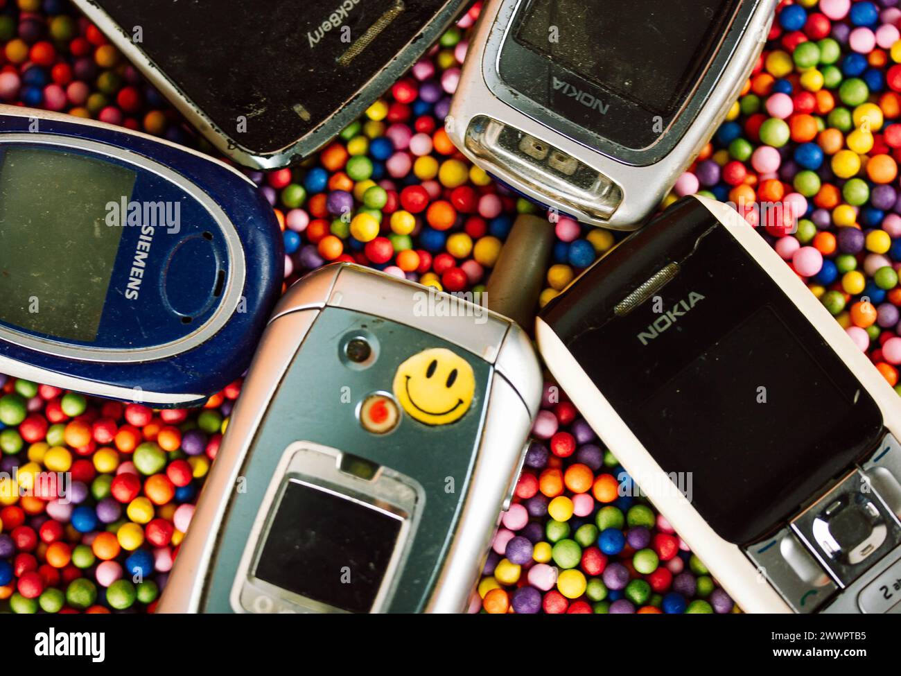 Madrid, Spain. 1 May 2023. Used cell phones. 90's nostalgia. Antique ...