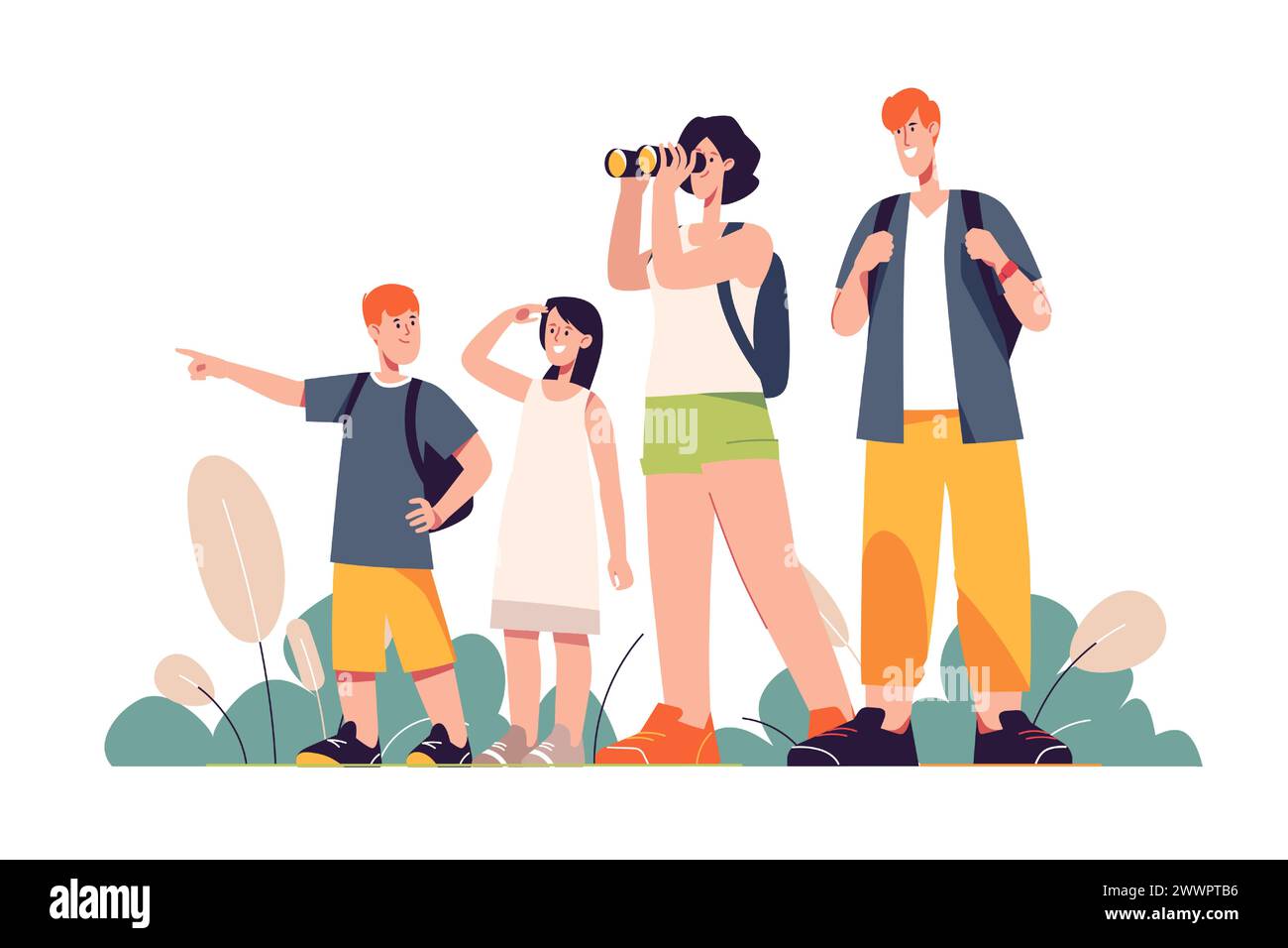 Happy traveling tourist family looking into the distance. Vector ...