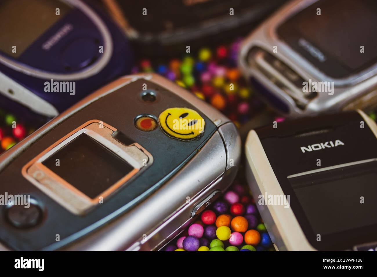 Madrid, Spain. 1 May 2023. Used cell phones. 90's nostalgia. Antique electronics, obsolete ...