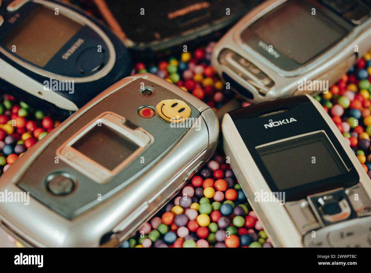 Madrid, Spain. 1 May 2023. Used cell phones. 90's nostalgia. Antique ...