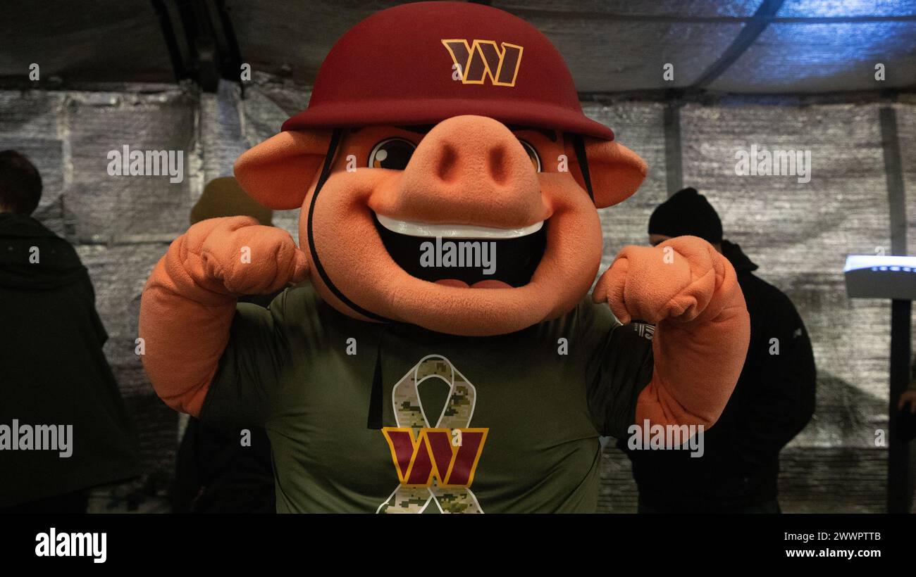 Washington Commanders mascot Major Tuddy, entertains soldiers in the ...