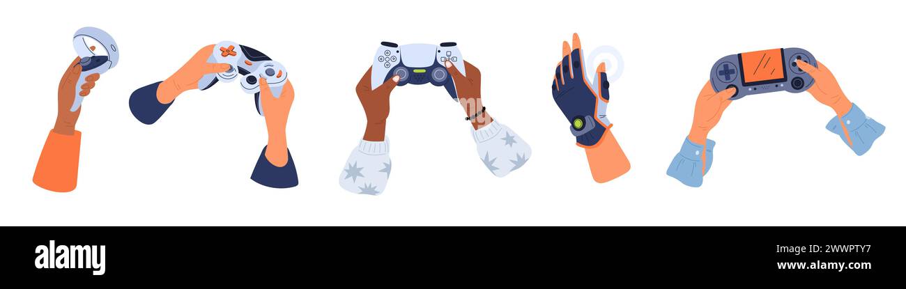 Retro video game controllers in hands. People holding joysticks. E ...