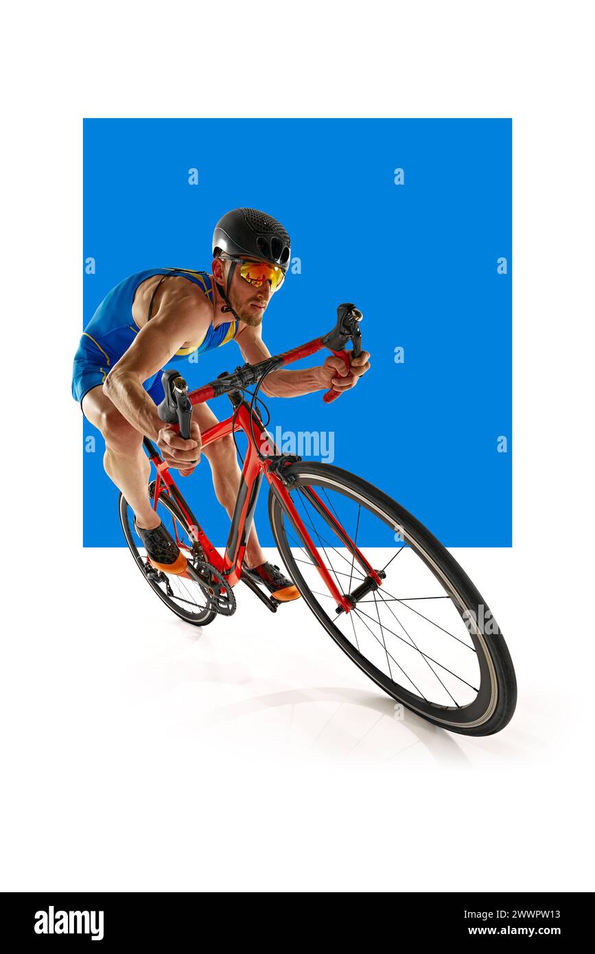 Dynamic image of concentrated man, athlete, cyclist on motion riding on ...