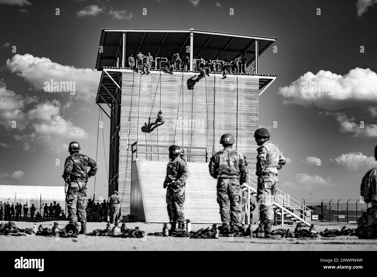 Air Assault candidates rappel off the rappel towers on Camp Buehring ...