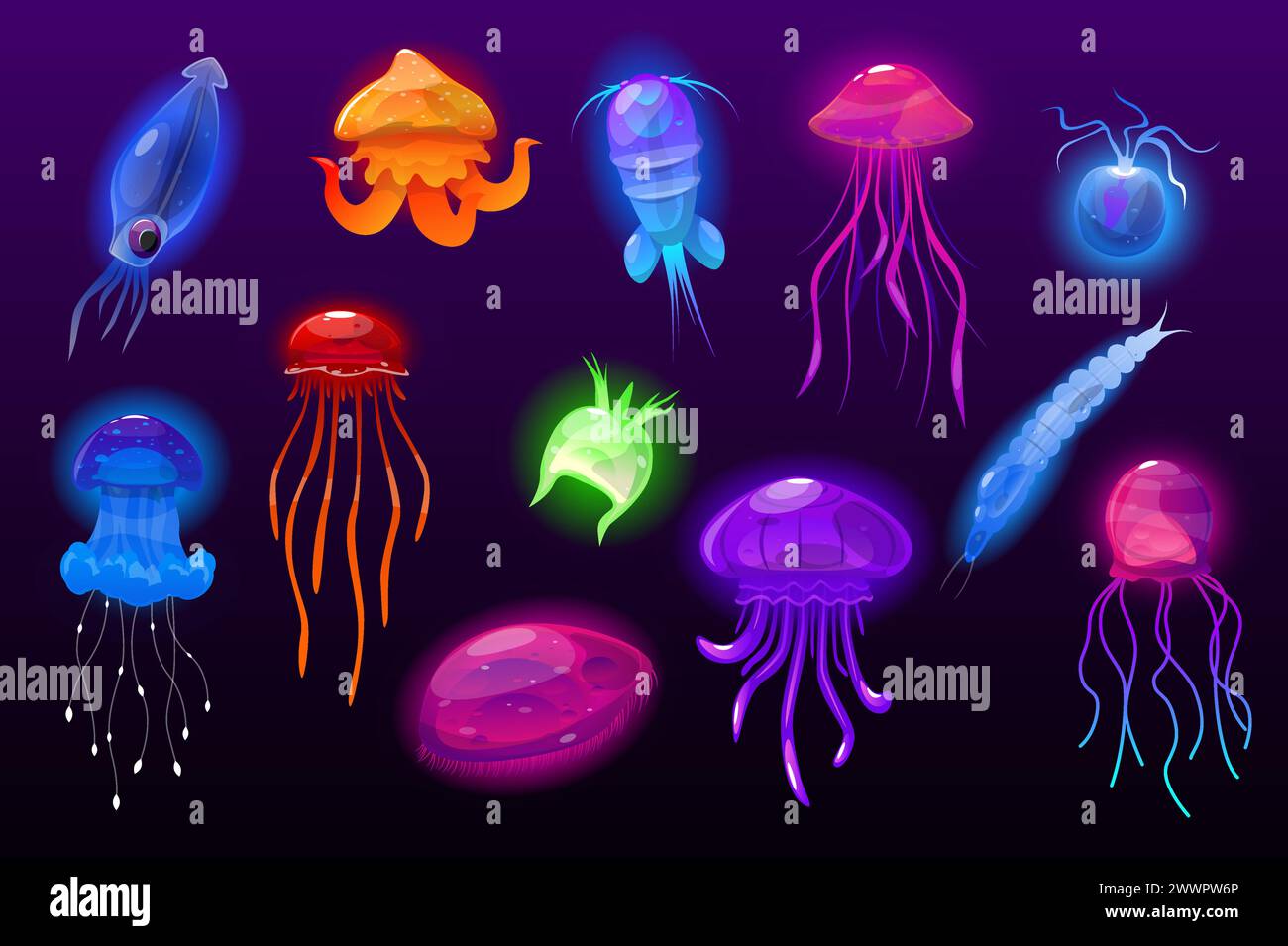 Jellyfish and plankton. Luminous deep sea inhabitants. Underwater ...