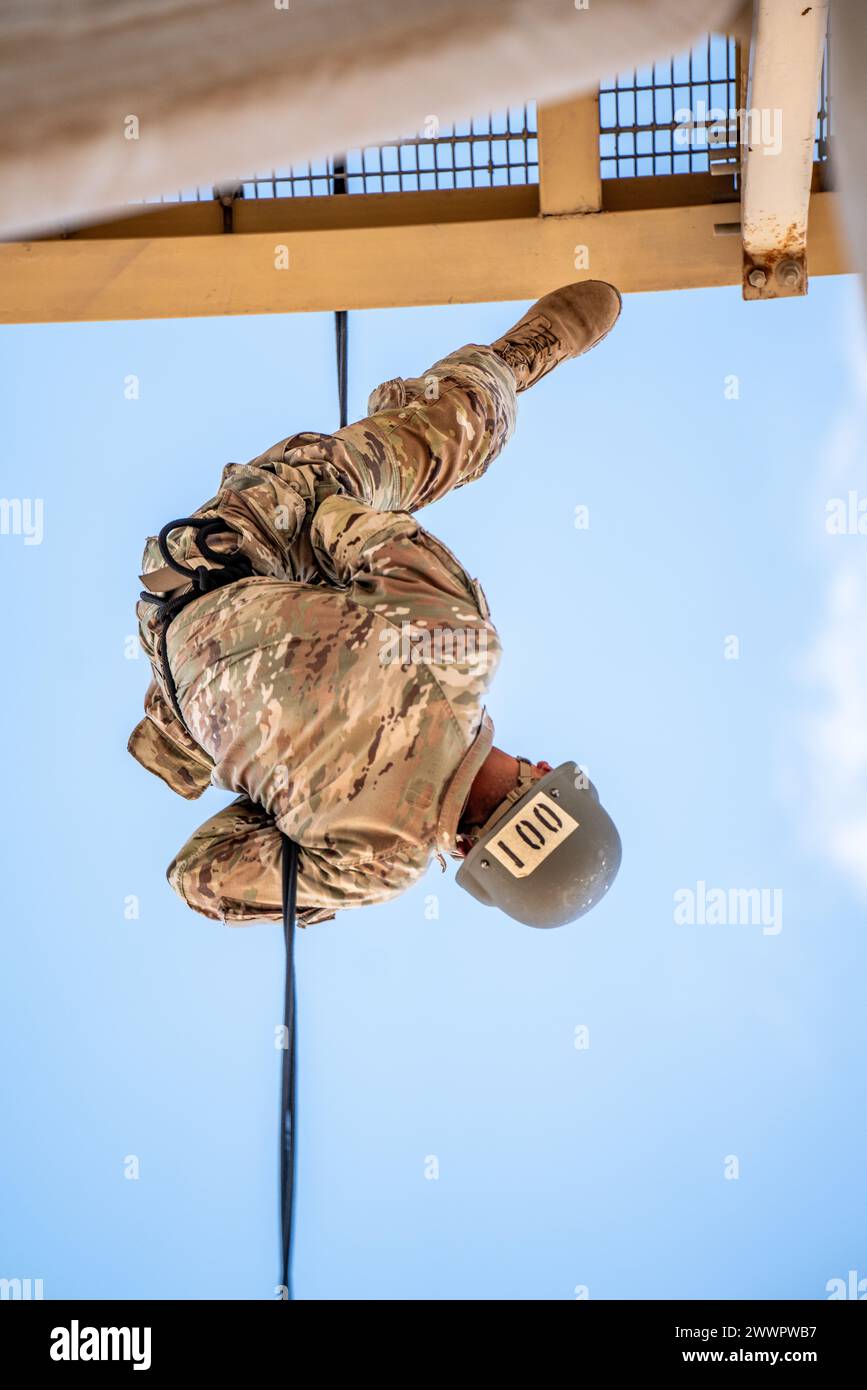 Air Assault candidates rappel off the rappel towers on Camp Buehring ...