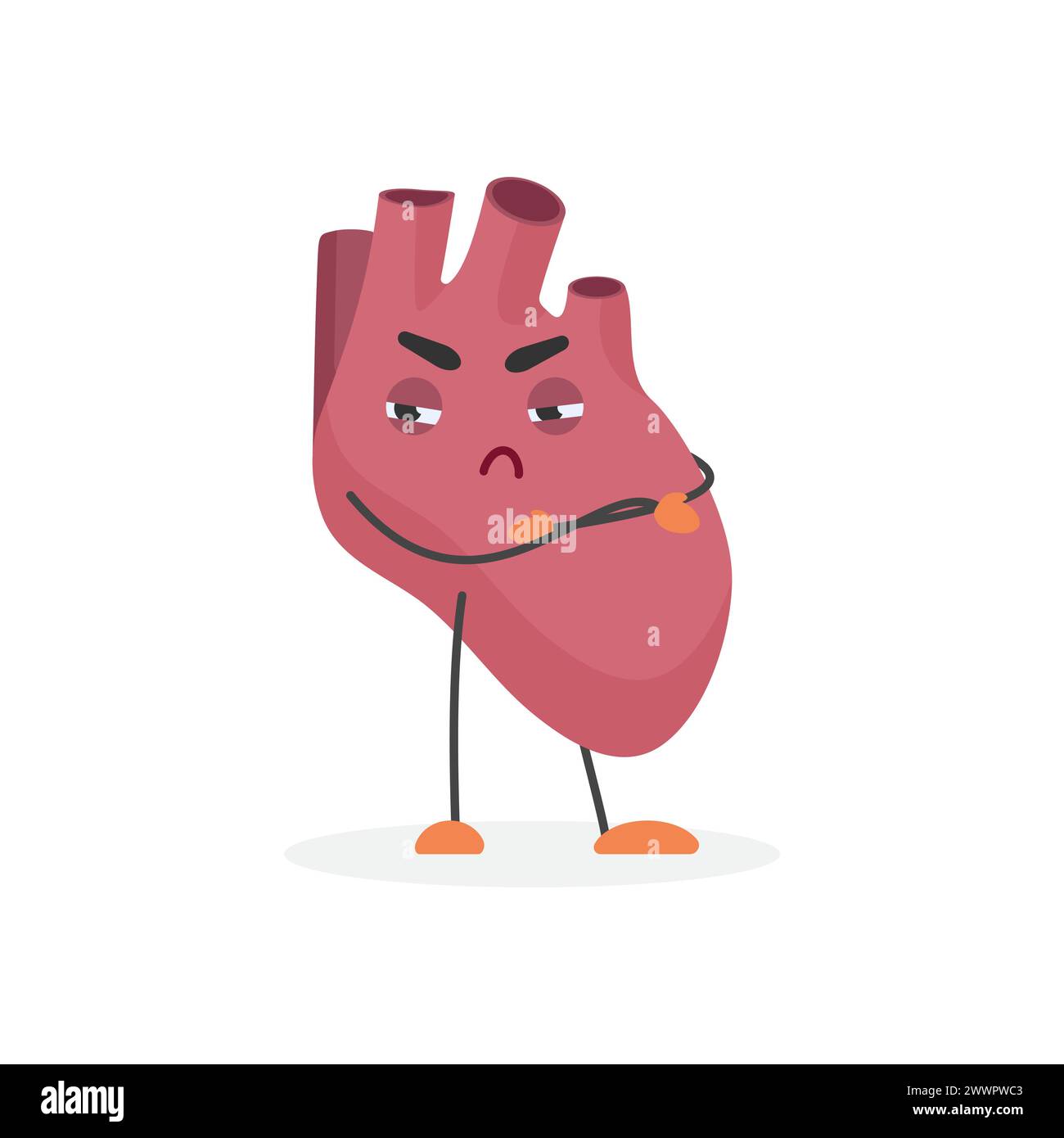 Unhappy angry heart character with arms crossed, frustrated human organ ...