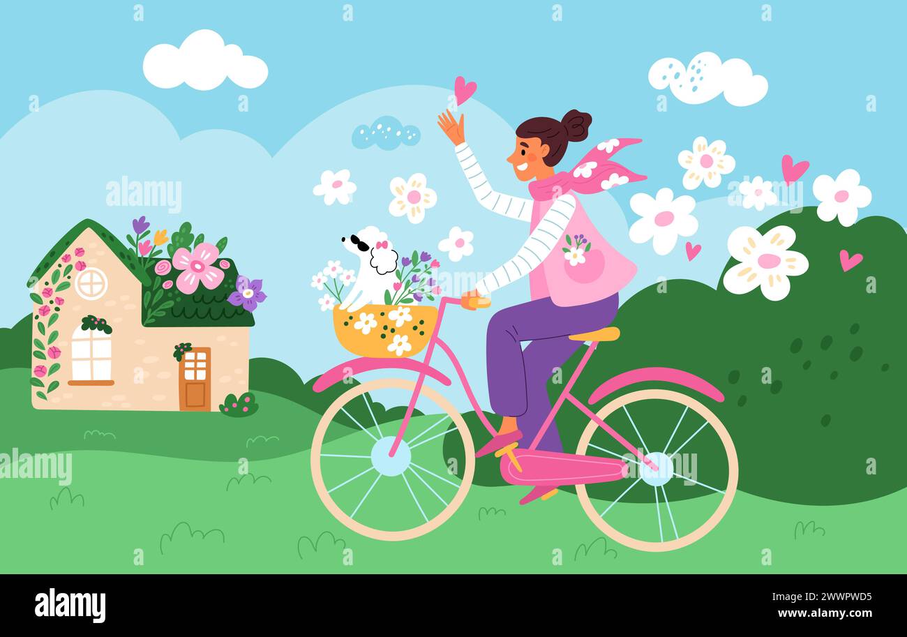 Hello spring. Beautiful girl riding bike. Blooming nature and good ...