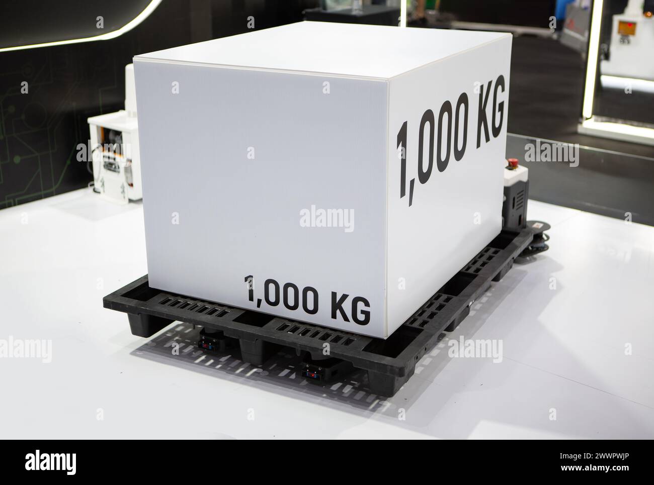 Automated guided vehicle carry box. AI forklift robot in modern ...
