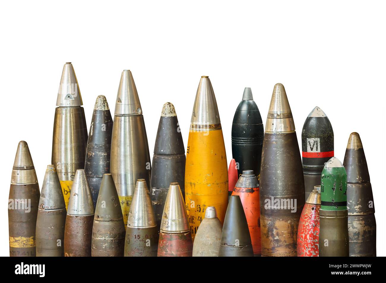 Row of weathered antique world war two bombs isolated on a white ...