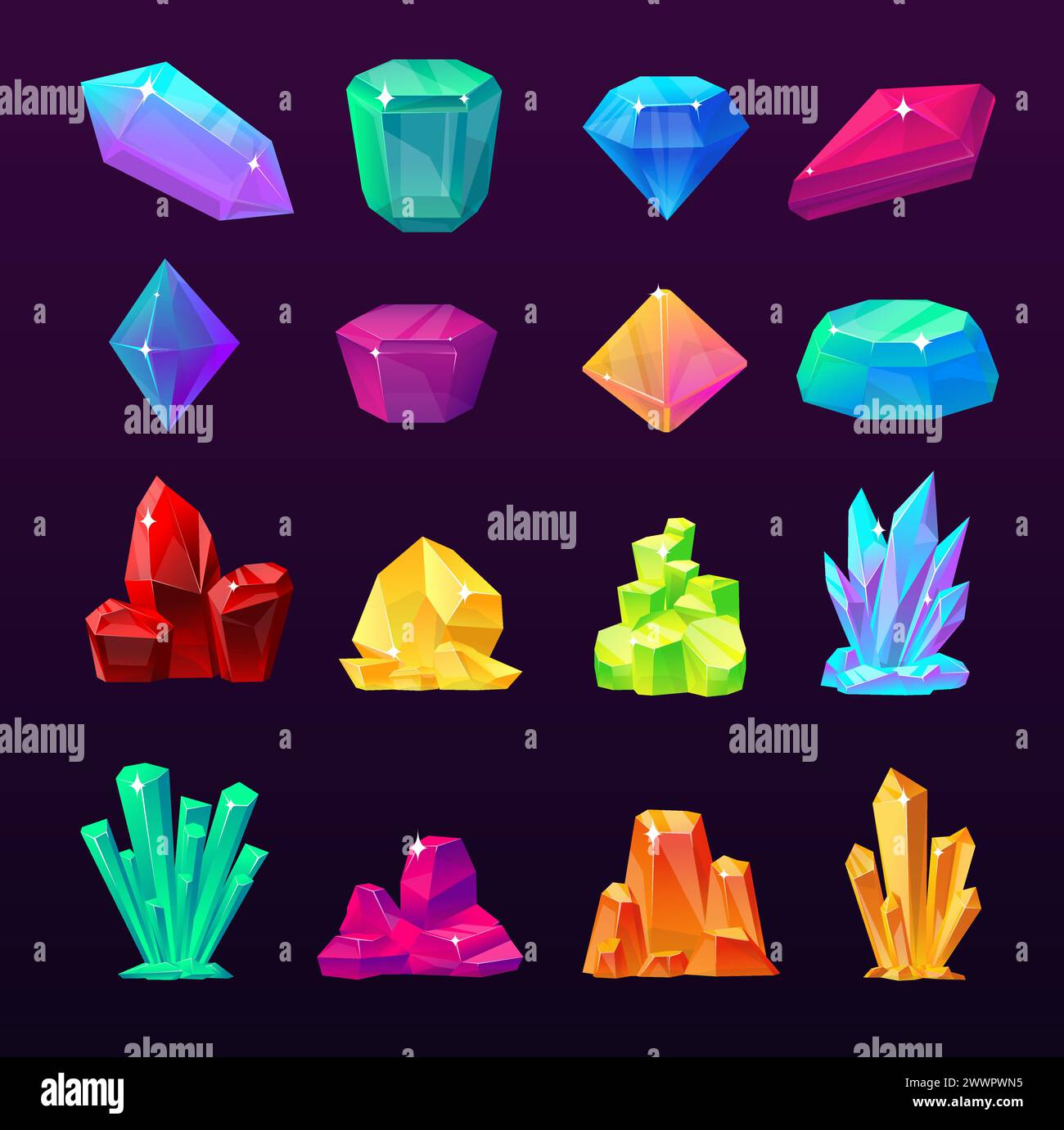 Cartoon crystals. Precious gems. Colorful natural minerals. Sparkling ...