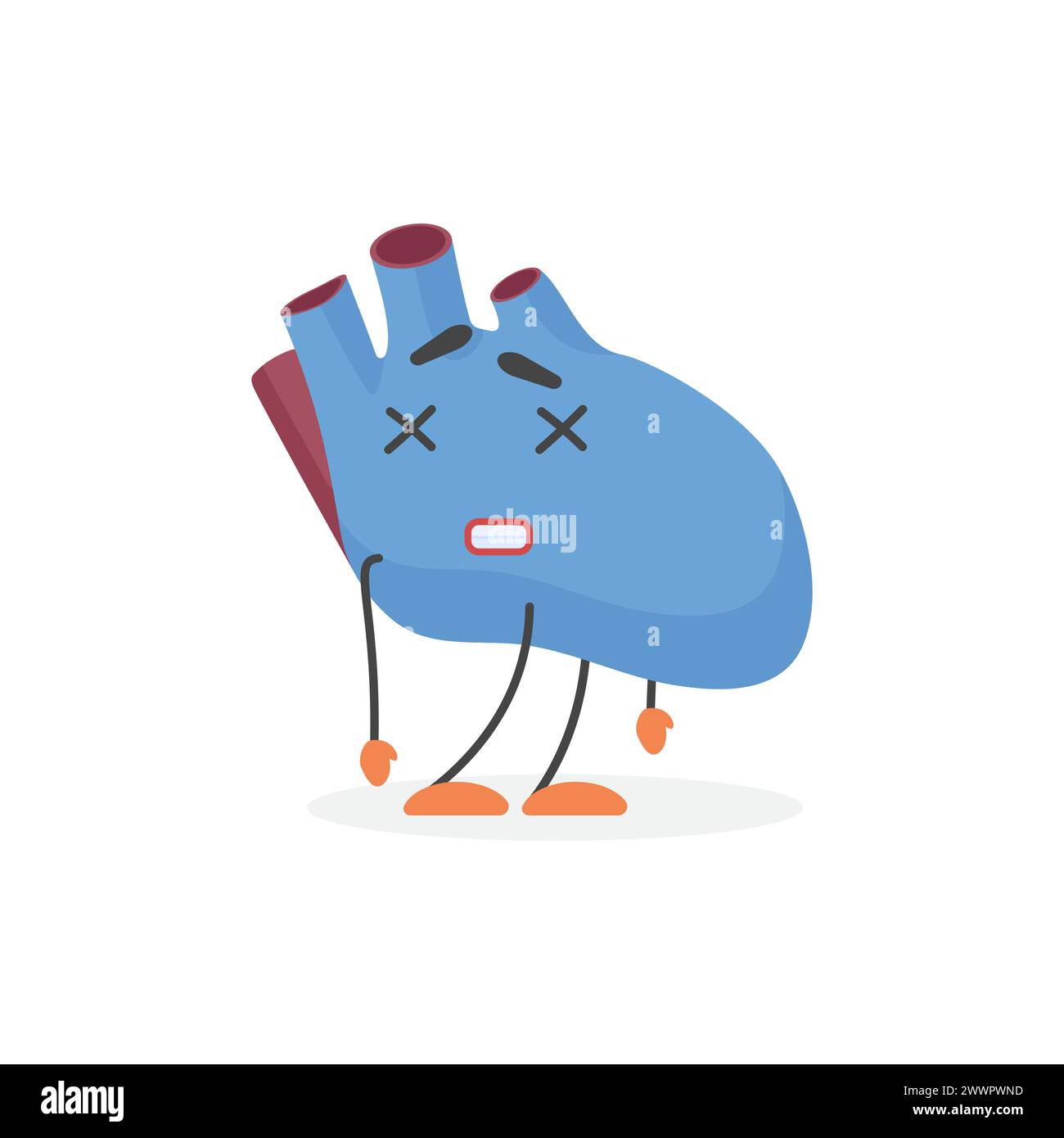 Unhappy tired and sick heart character, human organ health problem ...