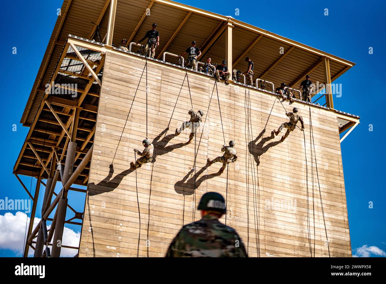 Air Assault candidates rappel off the rappel towers on Camp Buehring ...