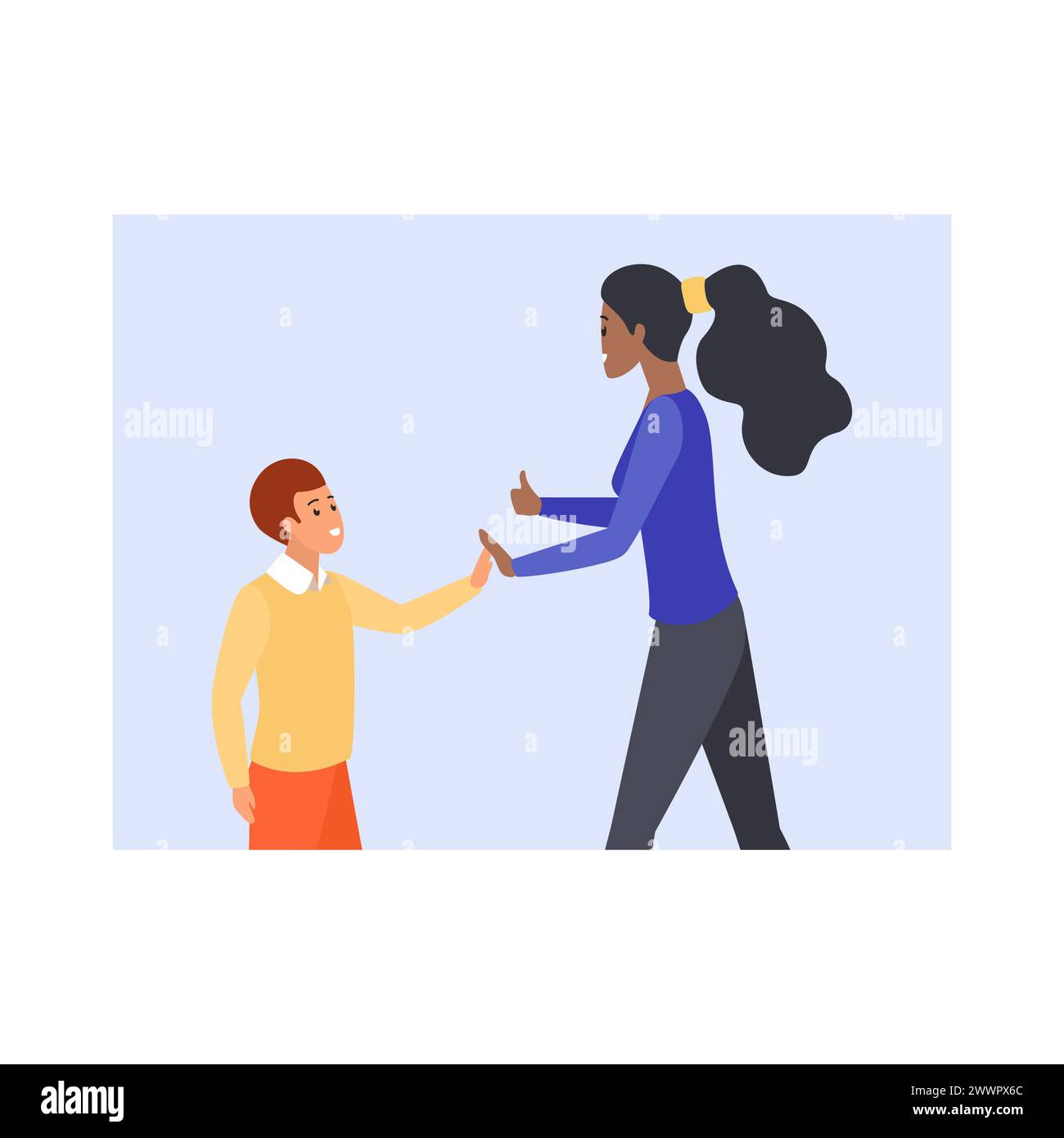 Adult woman and boy give high five, gesture of friendship and nonverbal ...