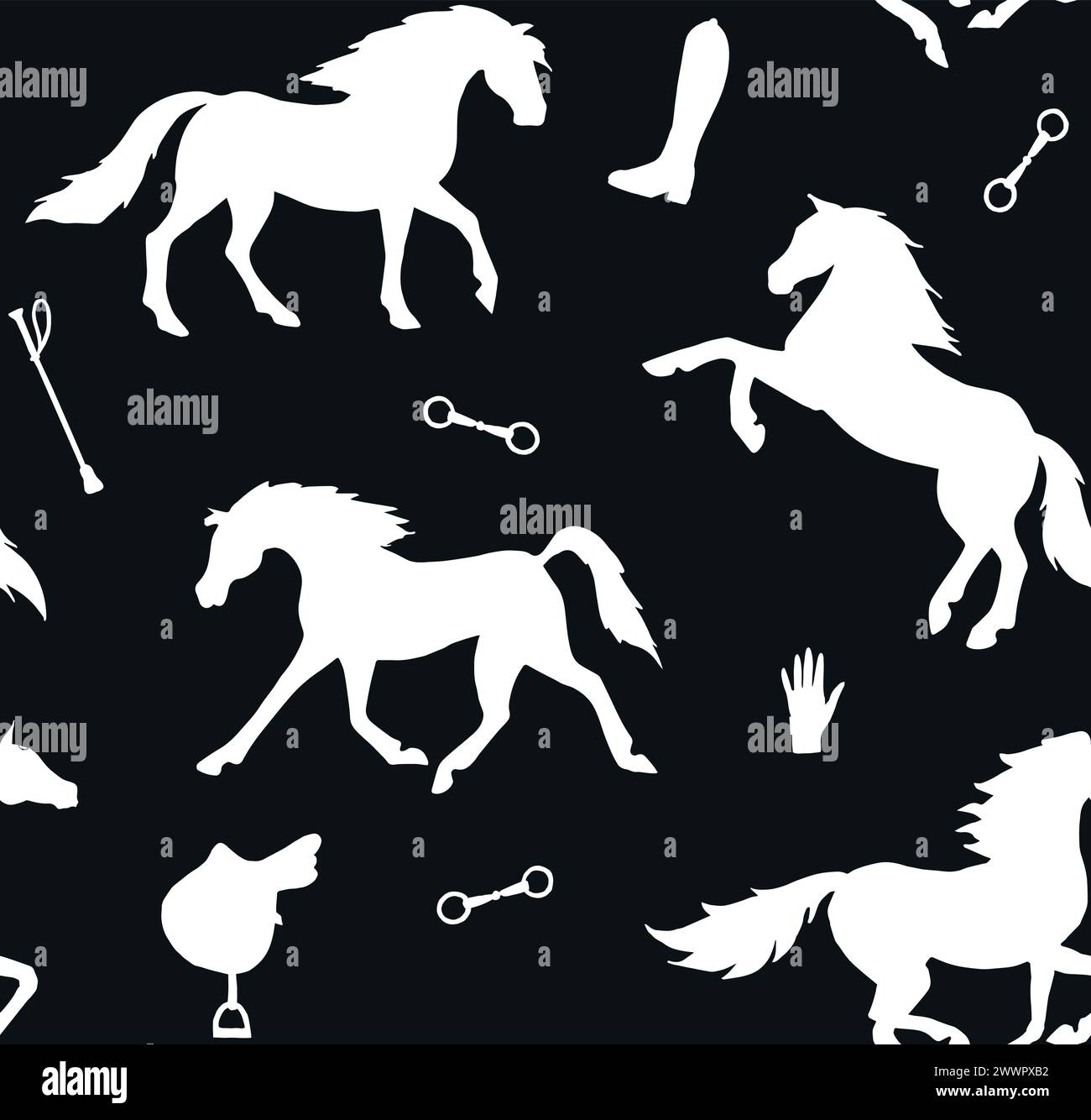 Vector seamless pattern of hand drawn horses silhouette isolated on ...