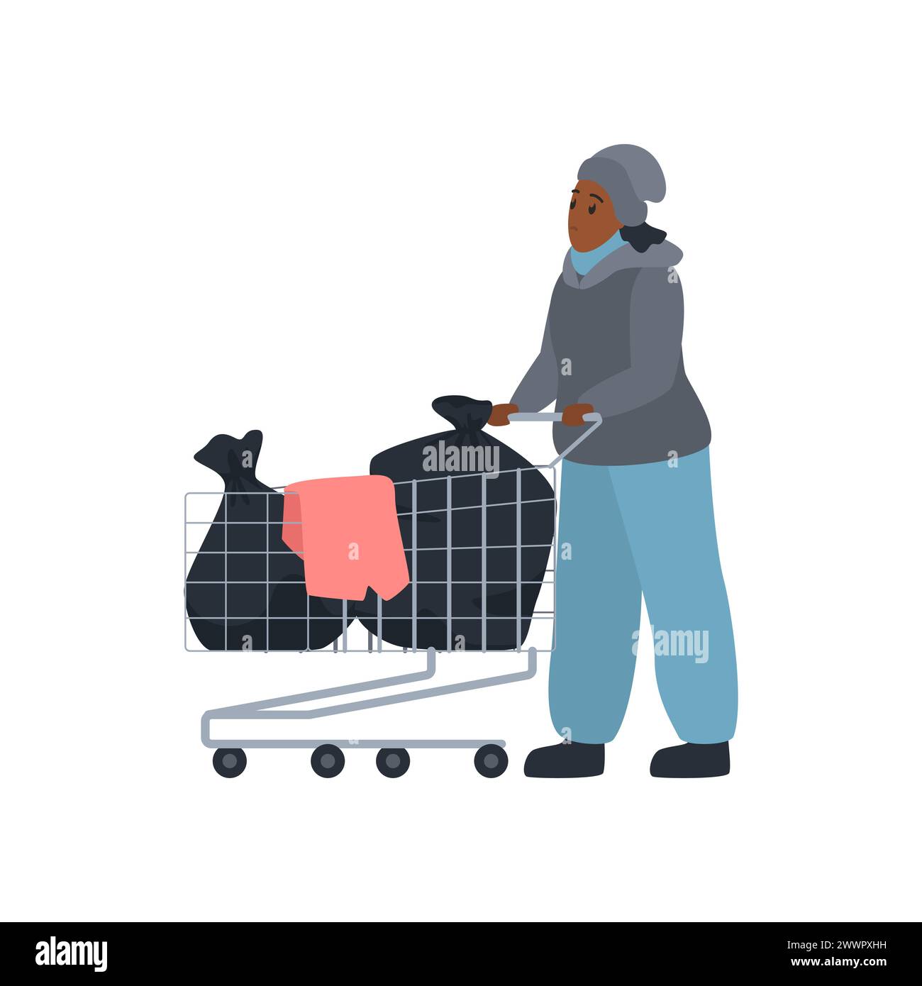 Homeless poor woman pushing shopping cart with bags and garbage vector ...