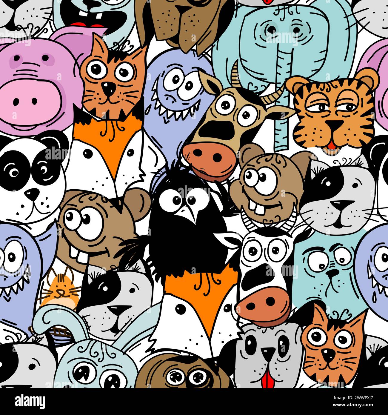 Seamless pattern of colored funny animals. Not AI, Color flat Vector ...