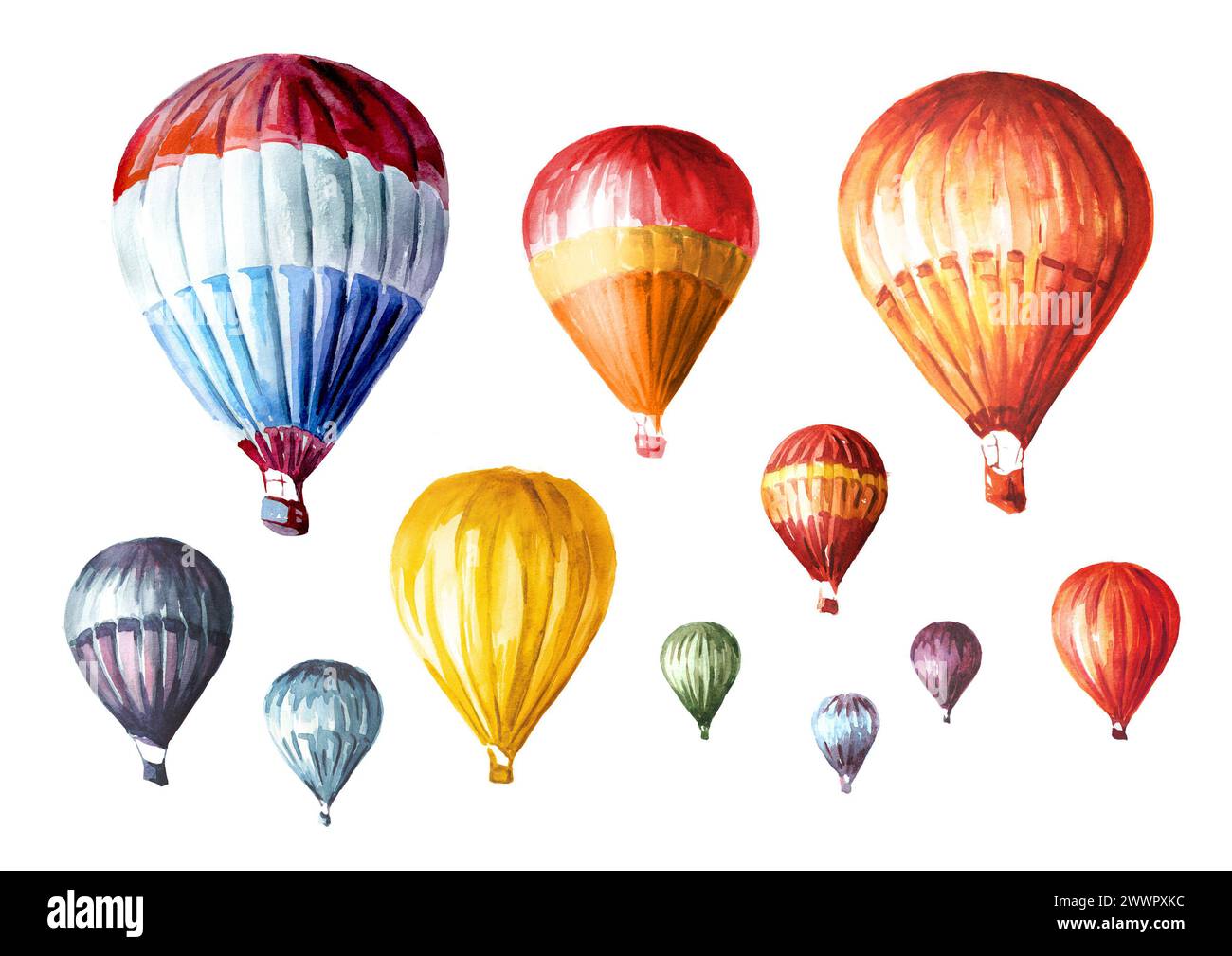 Colorful Air Balloons set. Hand drawn watercolor illustration isolated ...