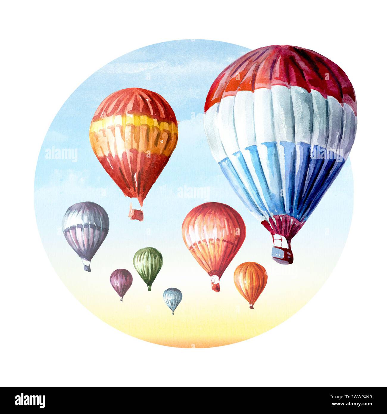 Colorful Air Balloons, Hand drawn watercolor illustration isolated on ...