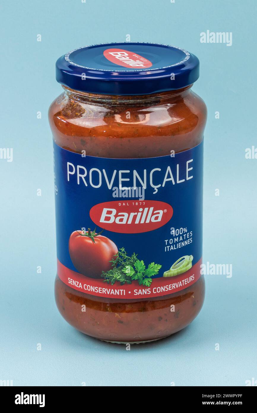 Jar of Barilla brand Provencal tomato sauce, close-up, isolated on a ...