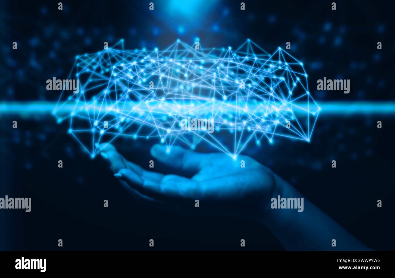 Hand holding virtual data network web internet connections with ...