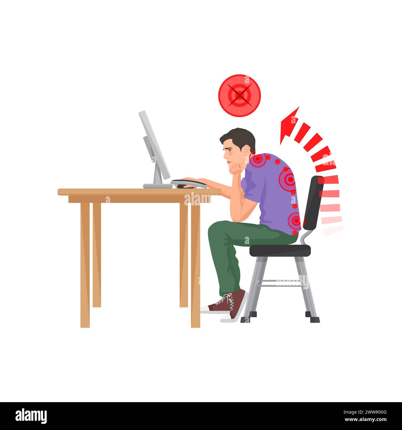Incorrect spine posture sitting at computer. Wrong position at working ...