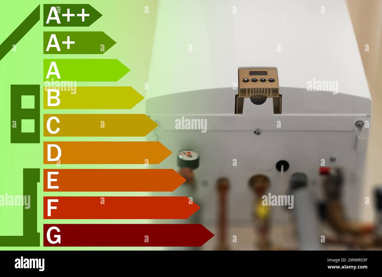 Energy efficiency chart and gas boiler indoors Stock Photo - Alamy