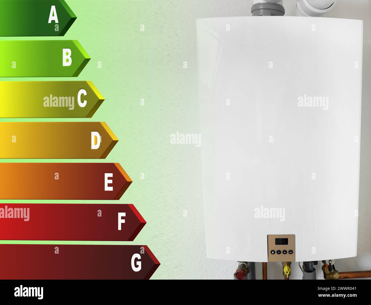 Energy efficiency chart and gas boiler indoors Stock Photo - Alamy