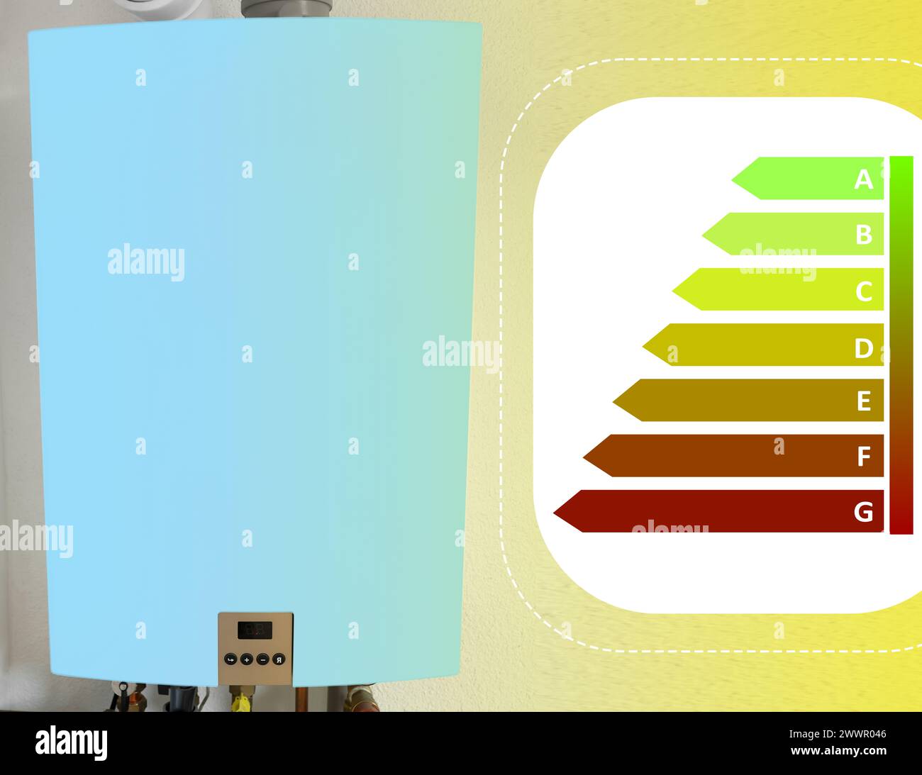 Energy efficiency chart and gas boiler indoors Stock Photo - Alamy