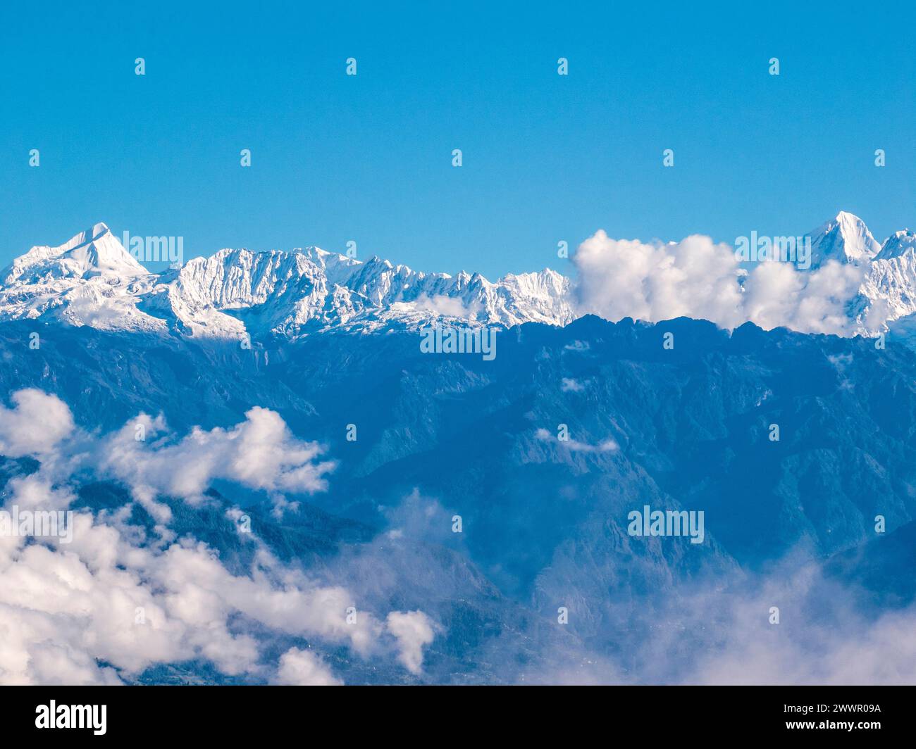 Aerial view of the peaks of Himalaya from Nagarkot, Nepal. A sea of ...