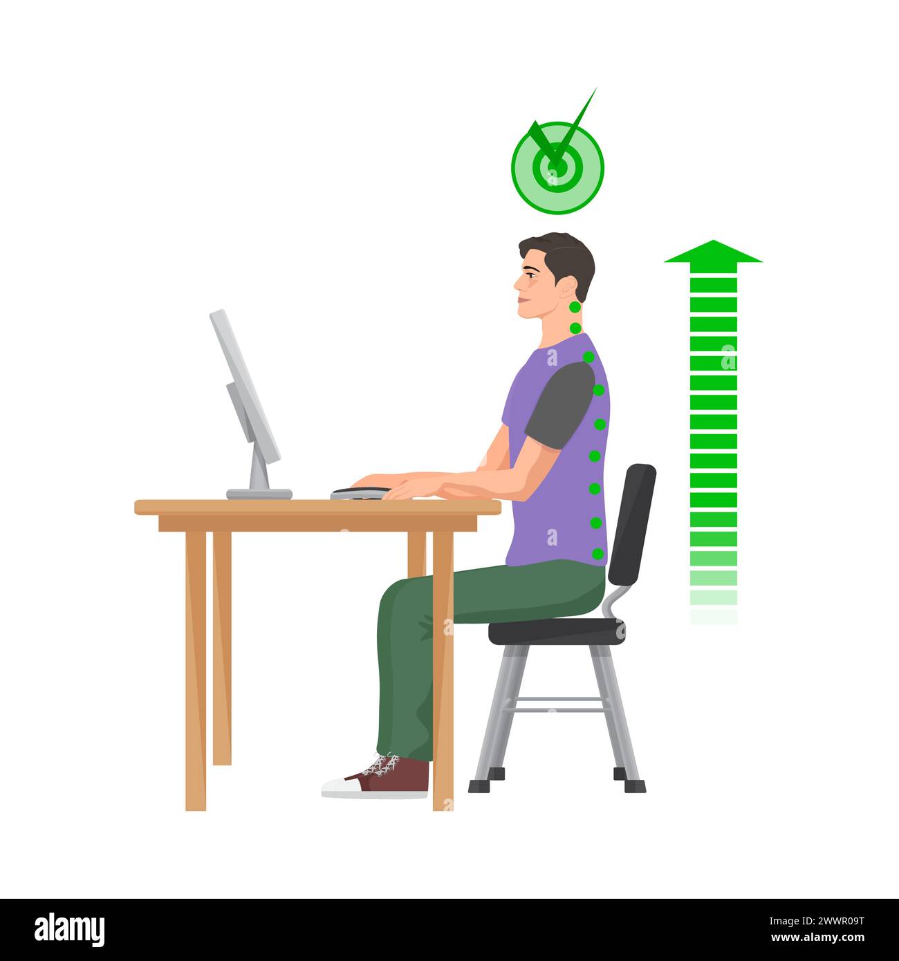 Correct spine posture sitting at computer. Healthy position at working ...