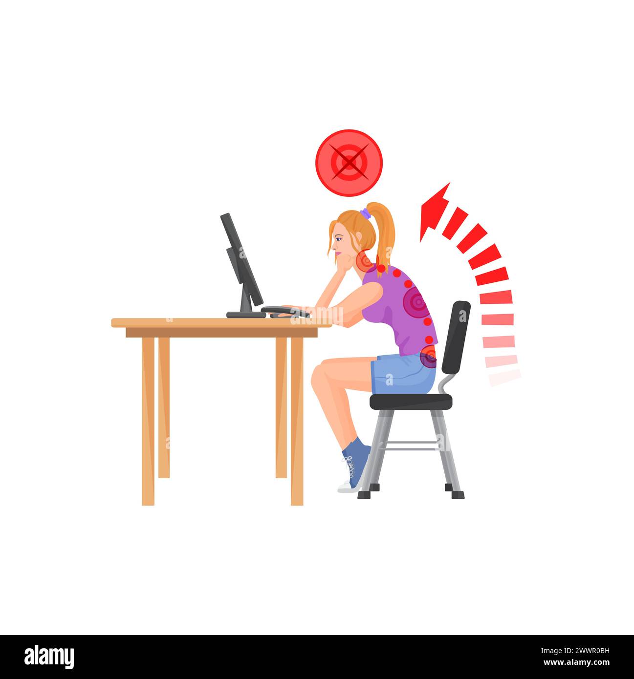Girl in wrong sitting posture at computer. Incorrect spine pose, spine ...