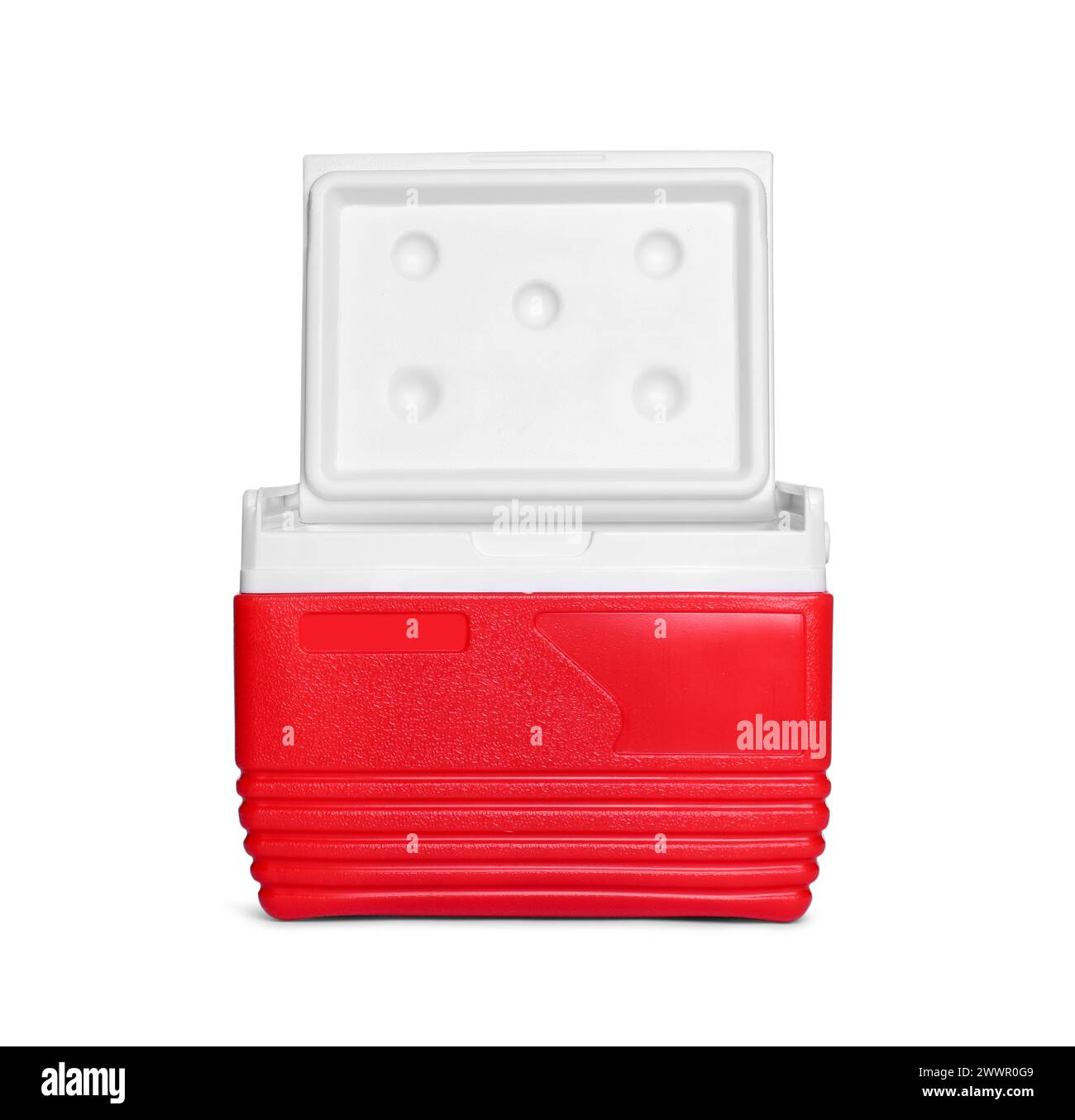Red plastic cool box isolated on white Stock Photo - Alamy