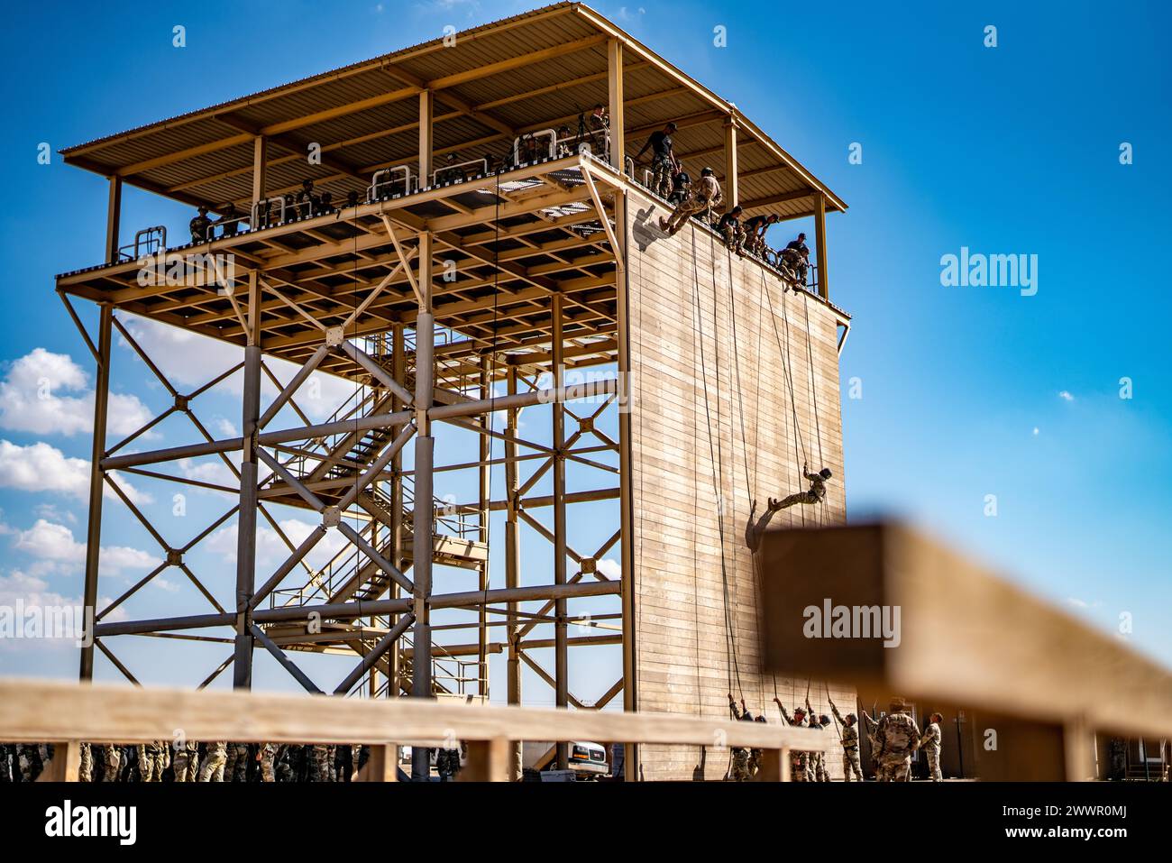 Air Assault candidates rappel off the rappel towers on Camp Buehring ...