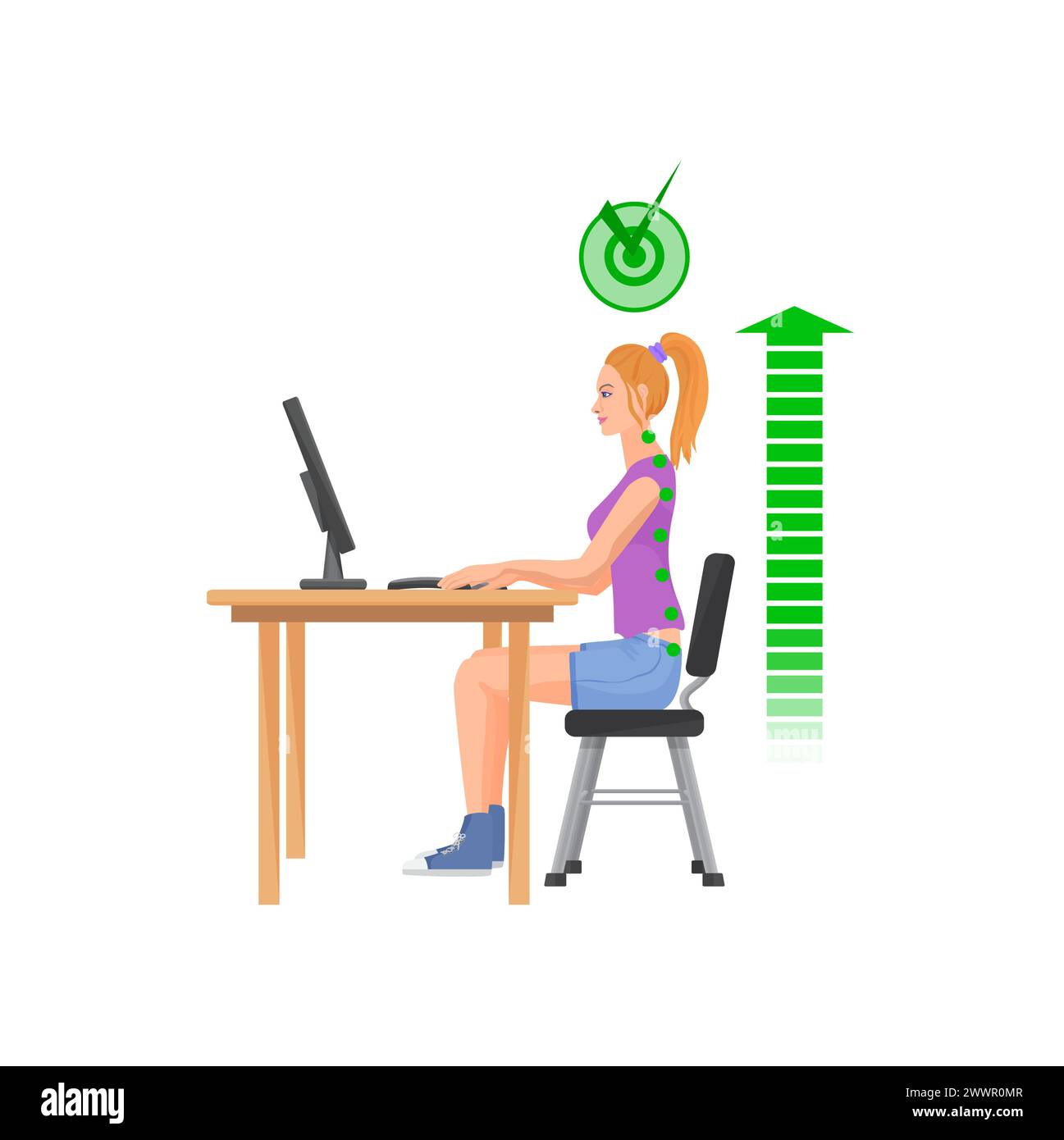 Girl In Correct Sitting Posture At Computer Healthy Spine Pose Spine