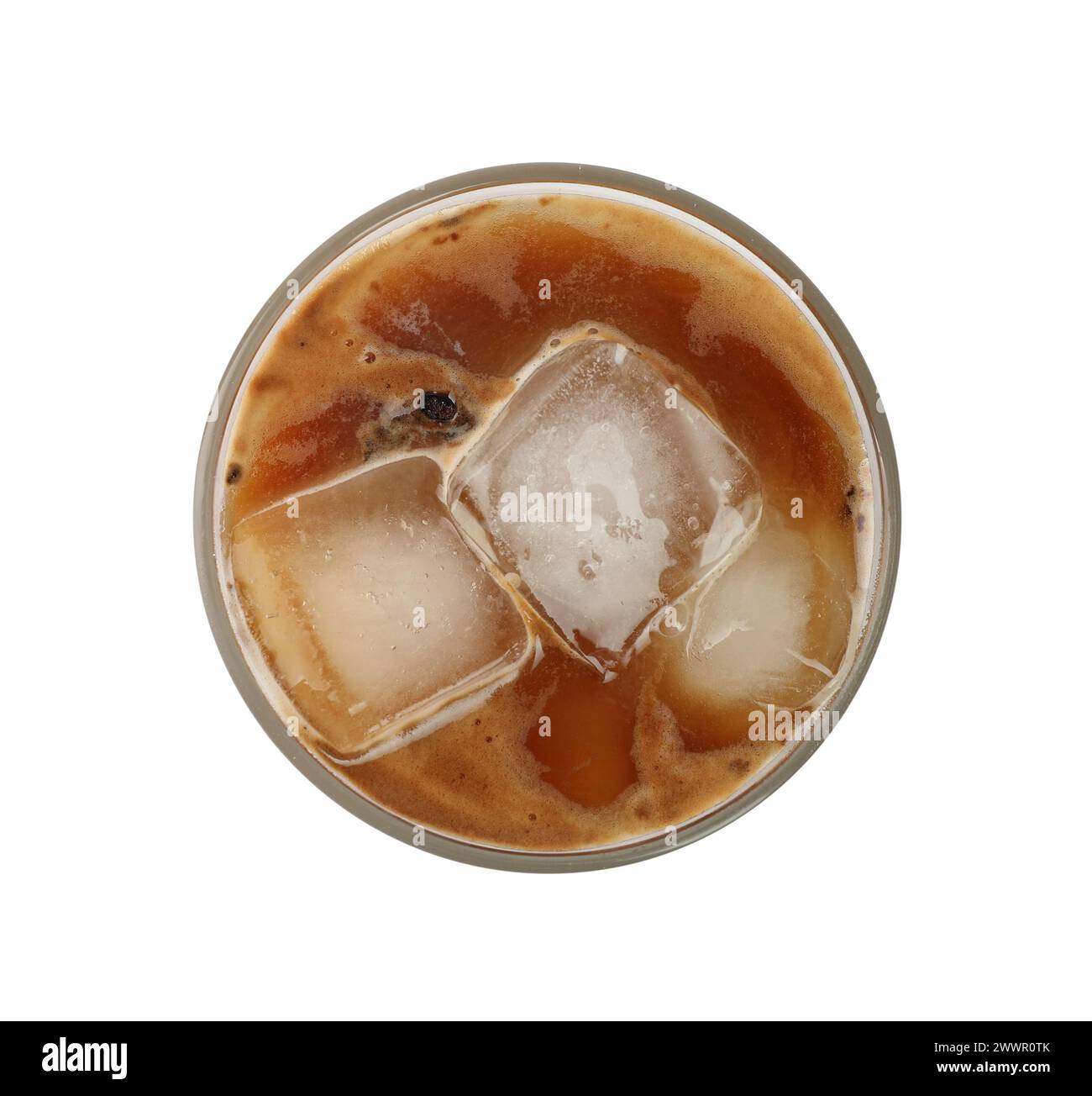 Iced coffee in glass on white background, top view Stock Photo - Alamy