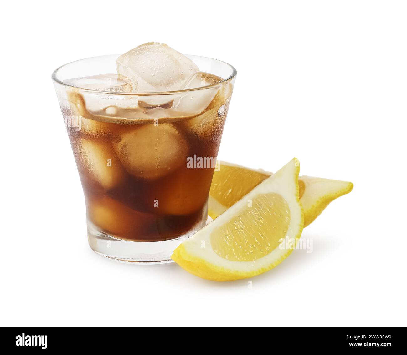 Iced coffee in glass and cut lemon isolated on white Stock Photo - Alamy