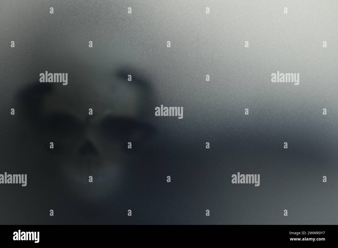 Silhouette of creepy ghost with skull behind cloth, space for text ...