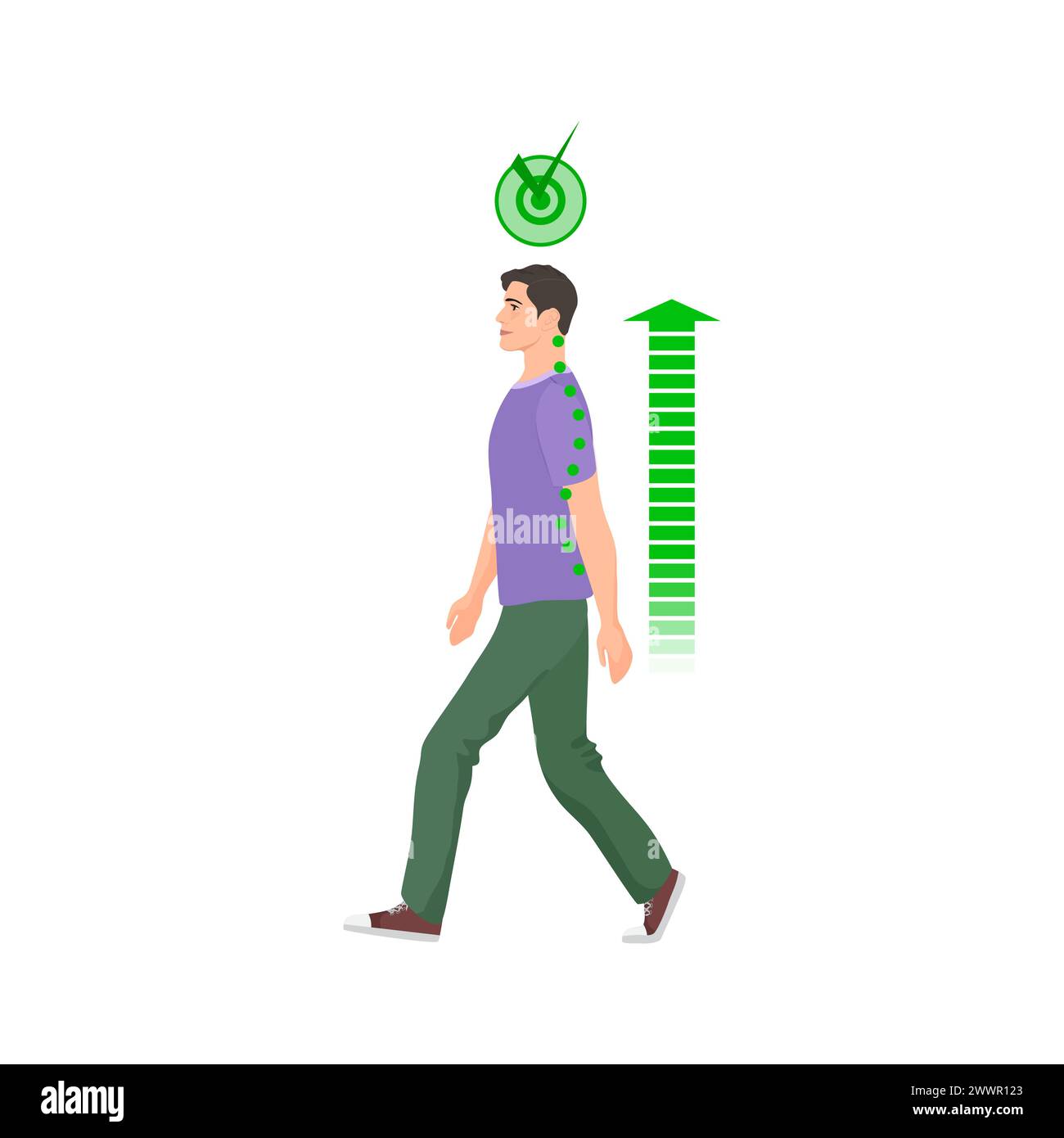 Walking man in correct spine posture. Spine health, good walking pose ... Walking man in correct spine posture. Spine health, good walking pose ...