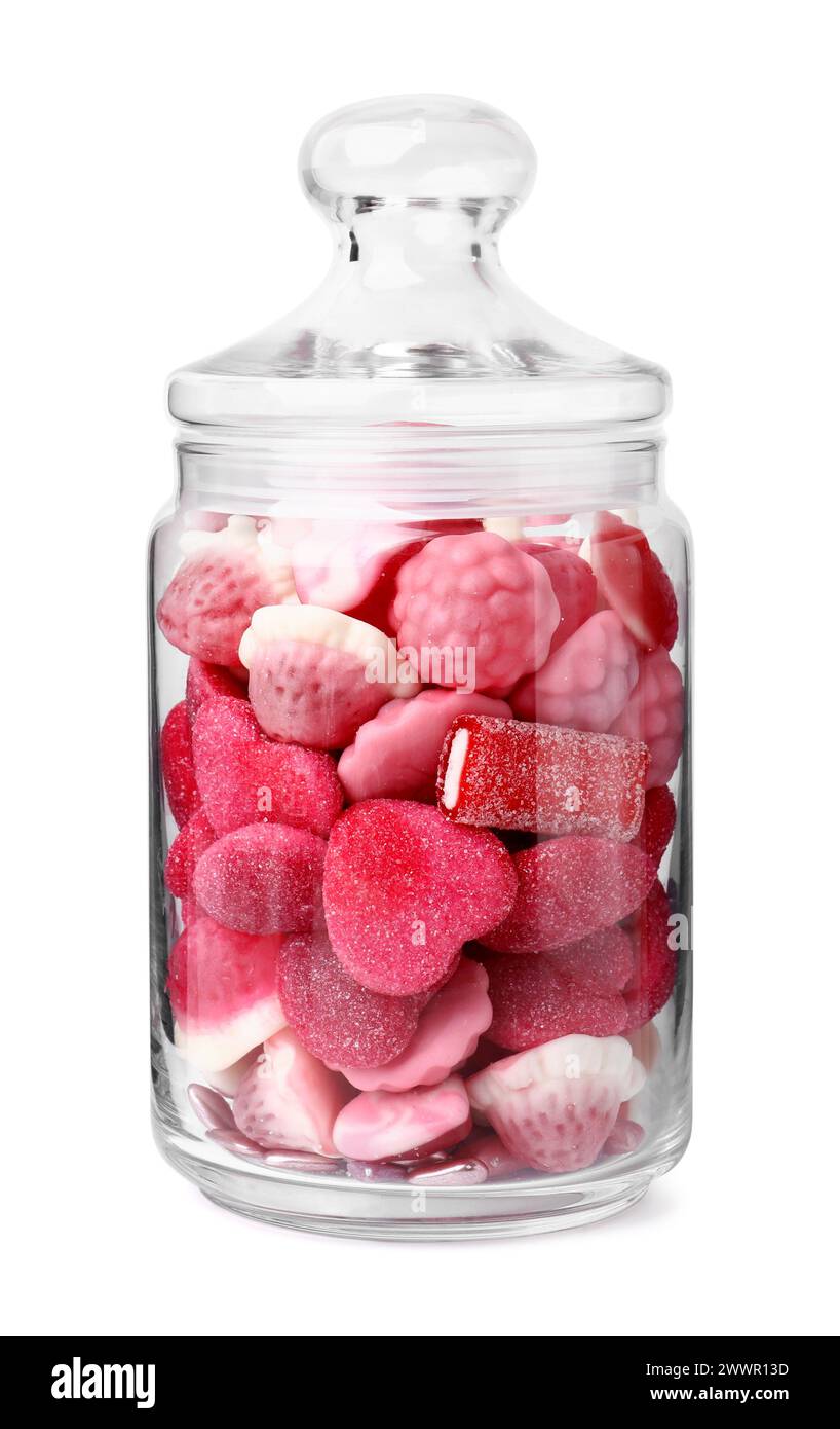 Tasty pink candies in glass jar isolated on white Stock Photo - Alamy