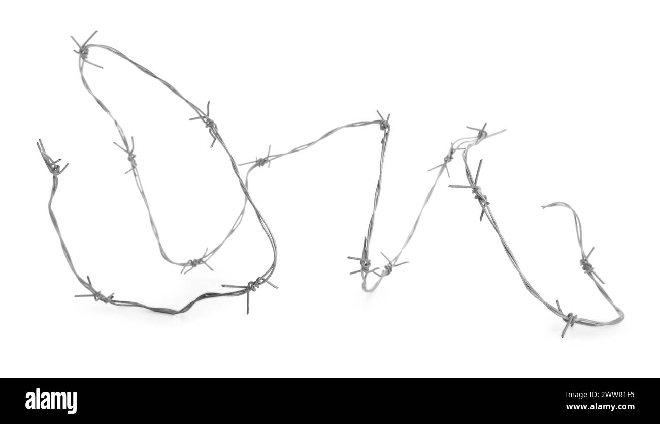 Shiny metal barbed wire isolated on white Stock Photo - Alamy