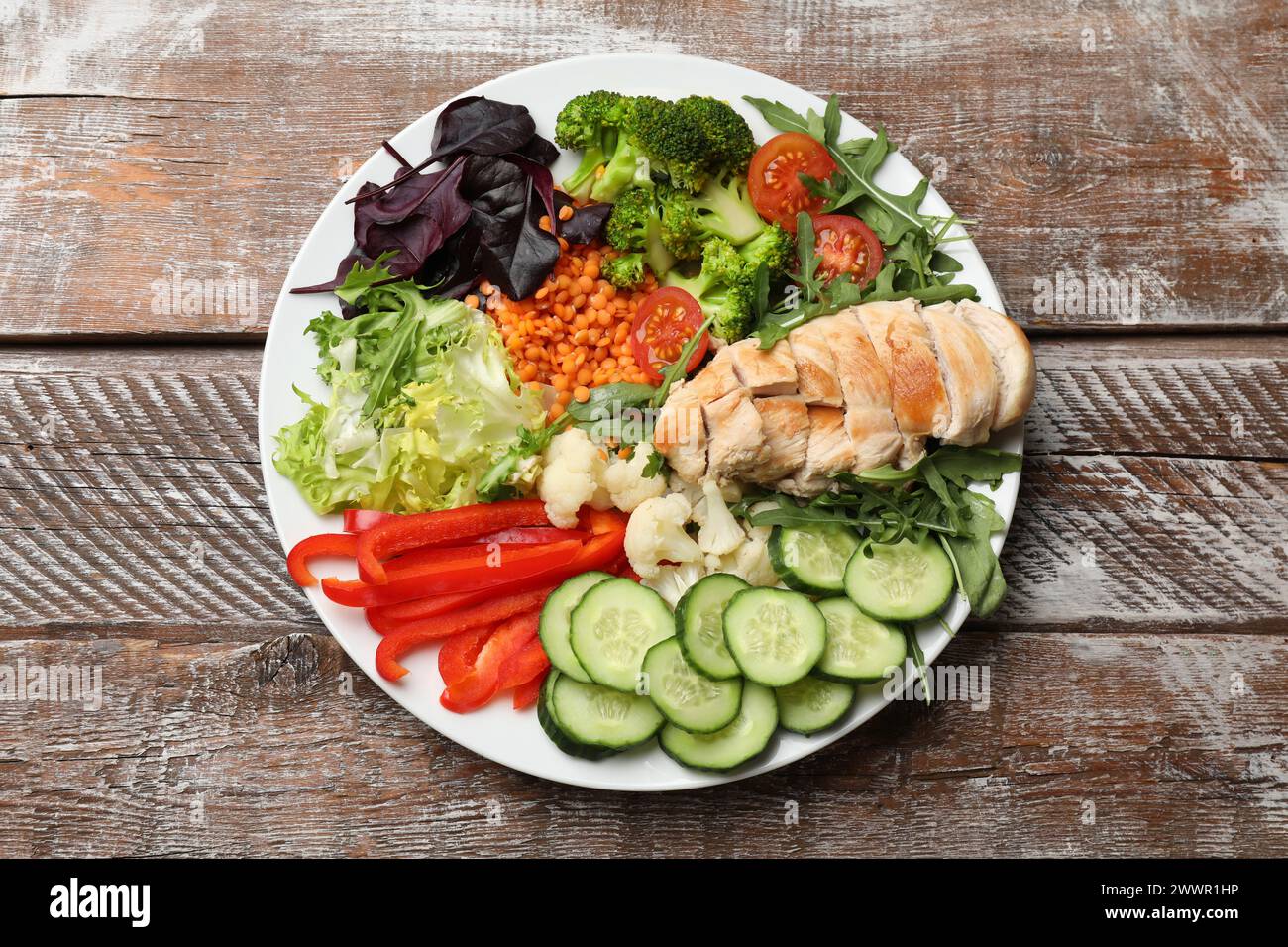 Balanced diet and healthy foods. Plate with different delicious ...