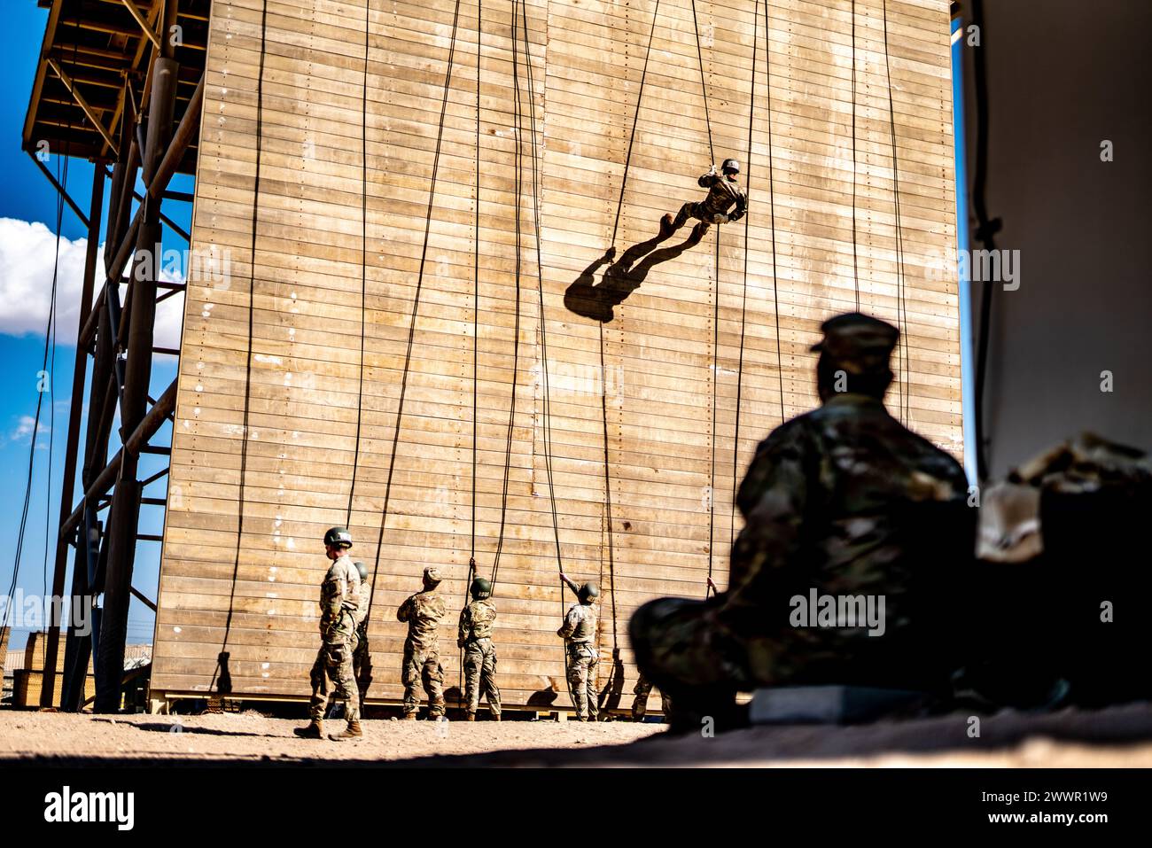 Air Assault candidates rappel off the rappel towers on Camp Buehring ...