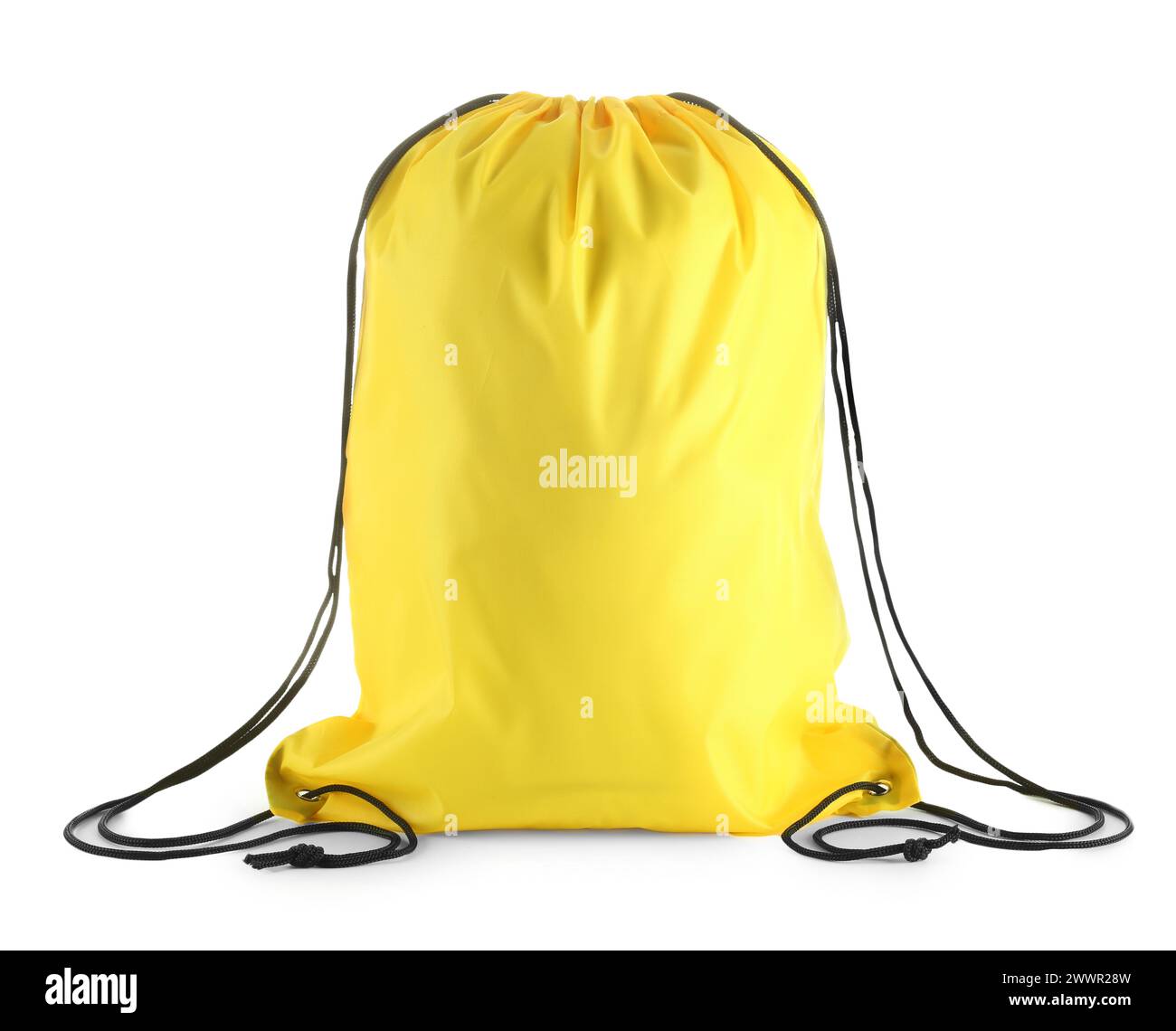 One yellow drawstring bag isolated on white Stock Photo - Alamy