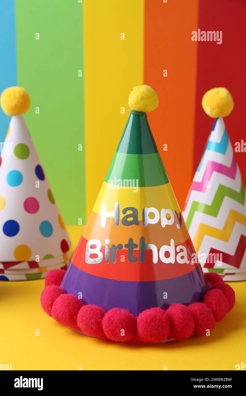 Different bright party hats hi-res stock photography and images - Alamy